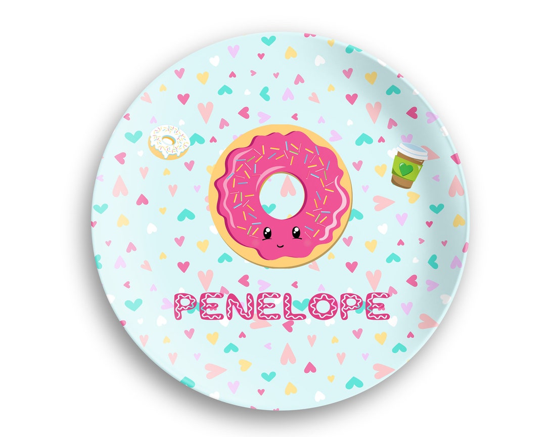 Donut Kids Plate – Donut Sprinkles Light Blue Hearts - Personalized ...