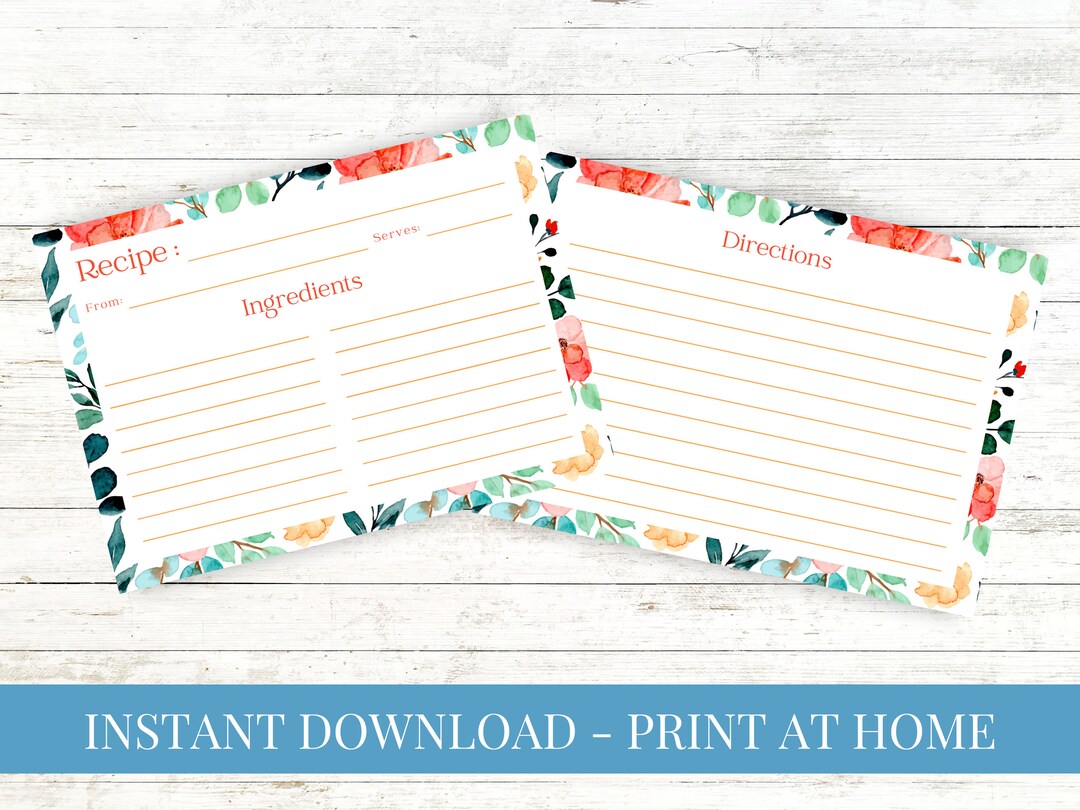Printable Recipe Card - Ivy Floral Watercolor Recipe Card - Print at ...
