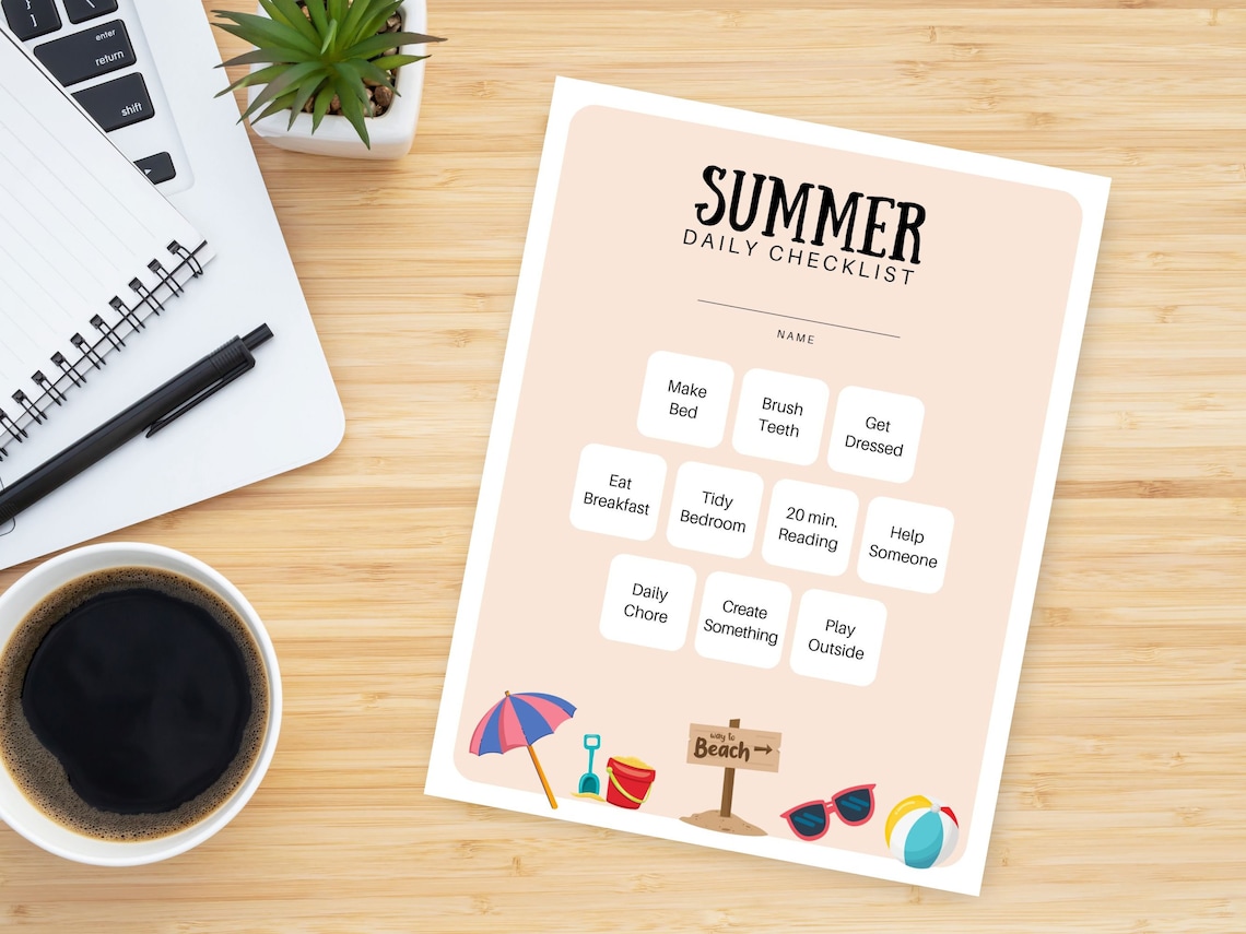 Kids Summer Daily Checklist Printable, Coral Beach Banner, Printable ...