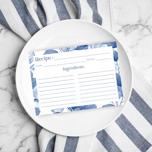 Printable Recipe Card - Blue Flowers Floral Watercolor Recipe Card ...
