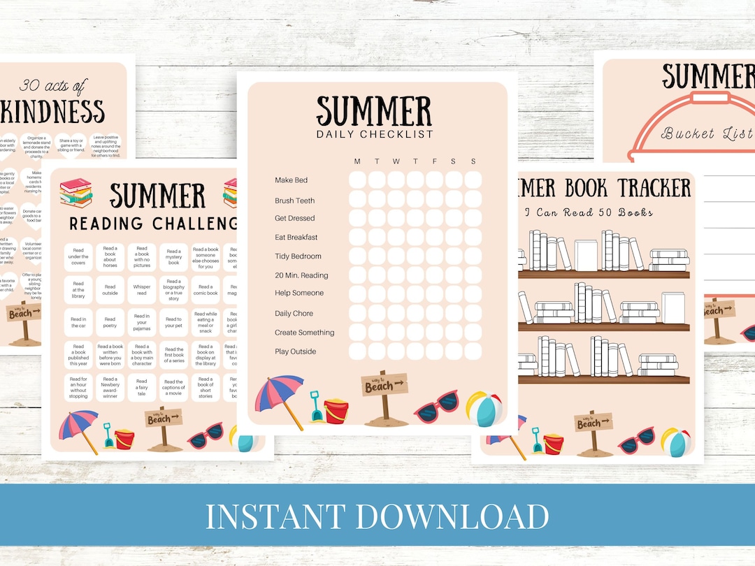 Kids Summer Checklist Activities Bundle Printable, Coral Beach Banner ...