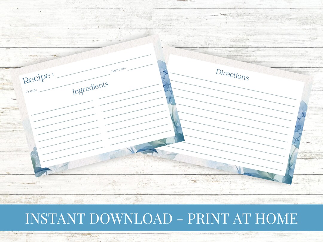 Printable Recipe Card - Blue Hydrangea Watercolor Recipe Card - Print ...