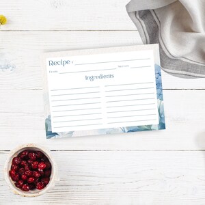 Printable Recipe Card - Blue Hydrangea Watercolor Recipe Card - Print ...