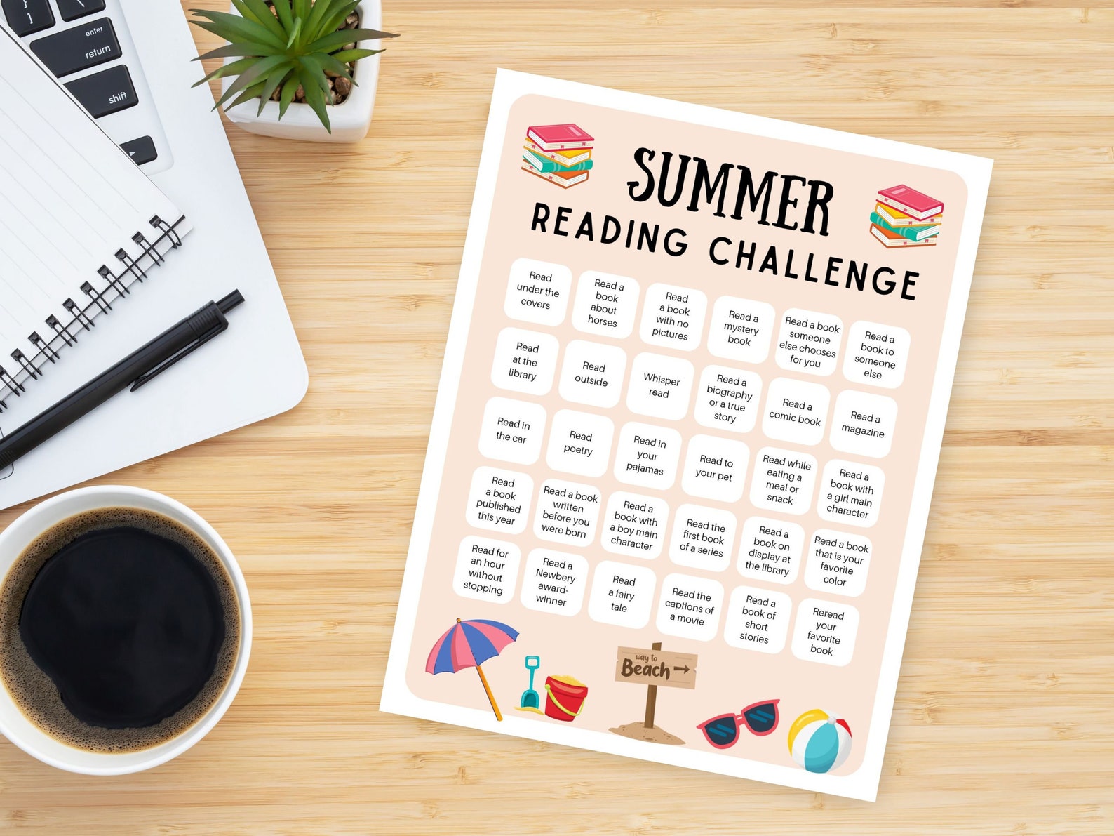 Kids Summer Reading Challenge Printable, Coral Beach Banner, Printable ...