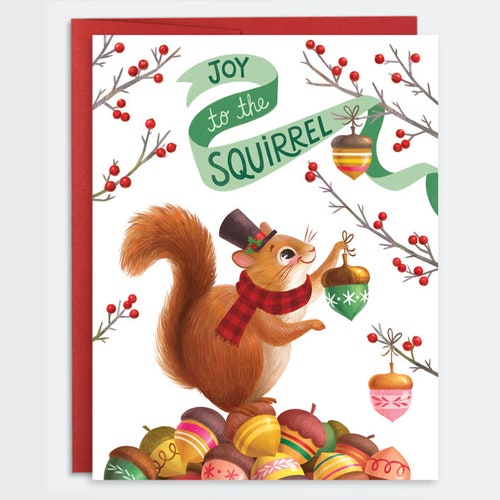 Joy to the Squirrel Christmas Card Watercolor Squirrel - Etsy