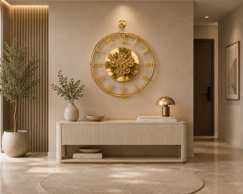 Luxury Oversized Gold Wall Clock, Large Silent Gear Clock, Contemporary ...