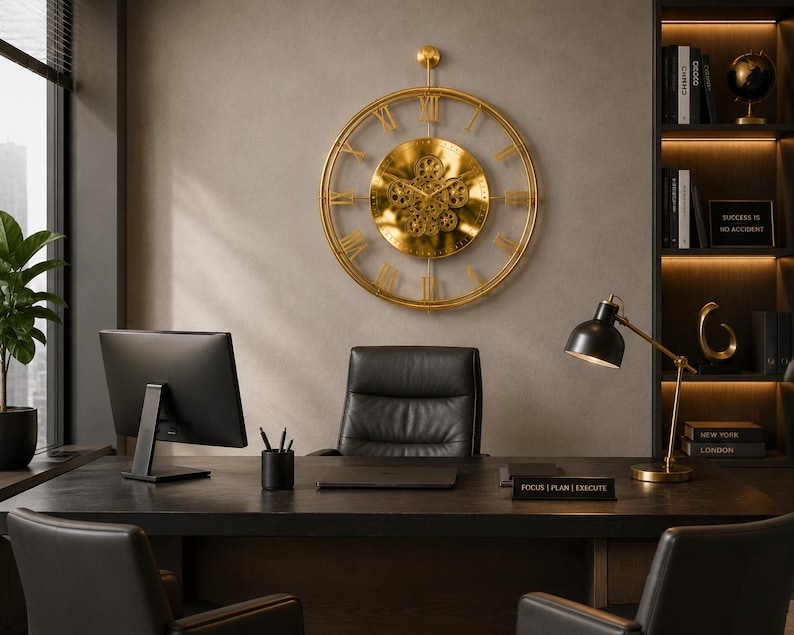 Luxury Oversized Gold Wall Clock, Large Silent Gear Clock, Contemporary ...