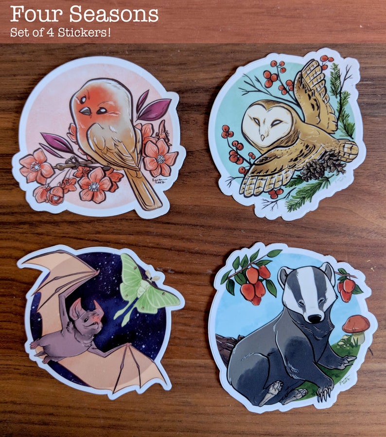 Seasons: Set of 4 Vinyl Stickers! Badger Bat Owl and Sparrow! Cute ...