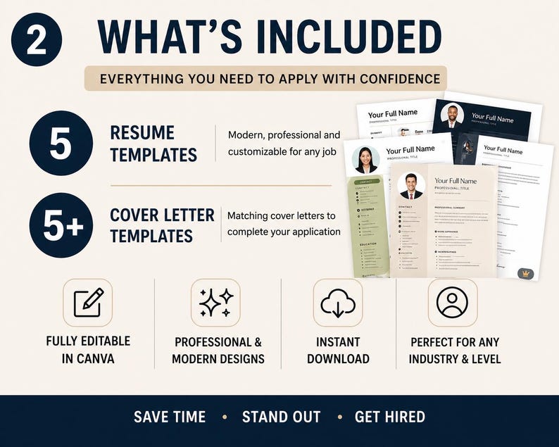 Resume and Cover Letter Bundle | 5 Editable Canva Templates (instant ...