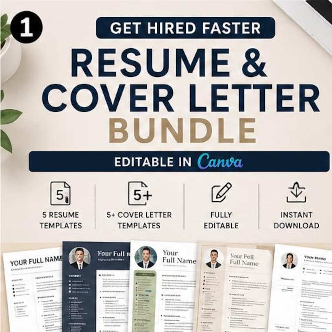 Resume and Cover Letter Bundle | 5 Editable Canva Templates (instant ...