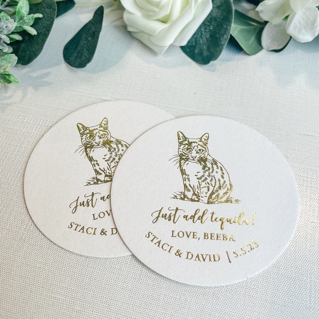 Custom Illustrated Cat Wedding Coaster, Foil Pressed Coaster, Design ...
