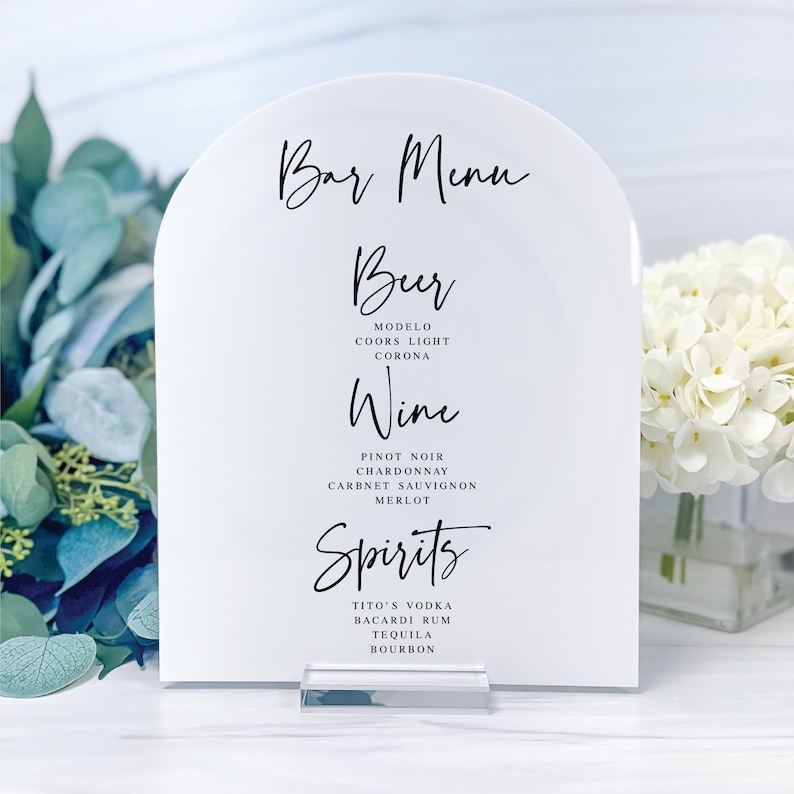 Wedding Bar Menu Sign, Acrylic Arched Style (custom Colors & Fonts) - Etsy