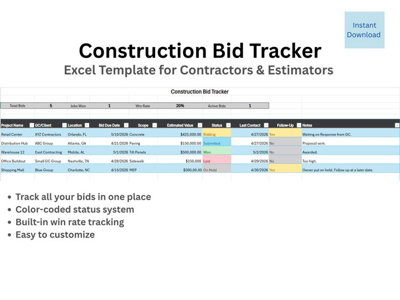 Construction Bid Tracker Excel Template | Contractor Estimating ...