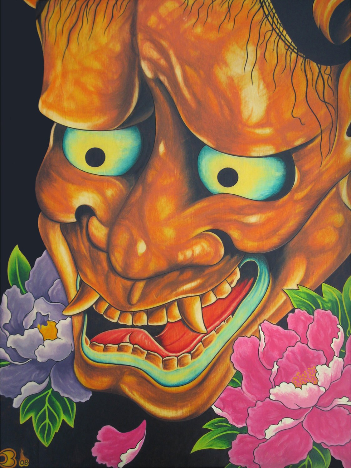 Hannya Noh Mask Japanese Art Tattoo Art Peony Flowers 8X10 Fine Art ...