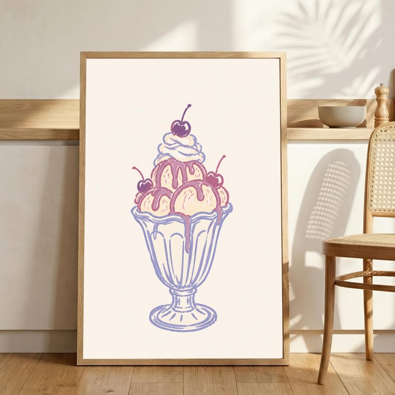 Vintage Ice Cream Sundae Print, Dessert Wall Art, Cute Kitchen Decor ...