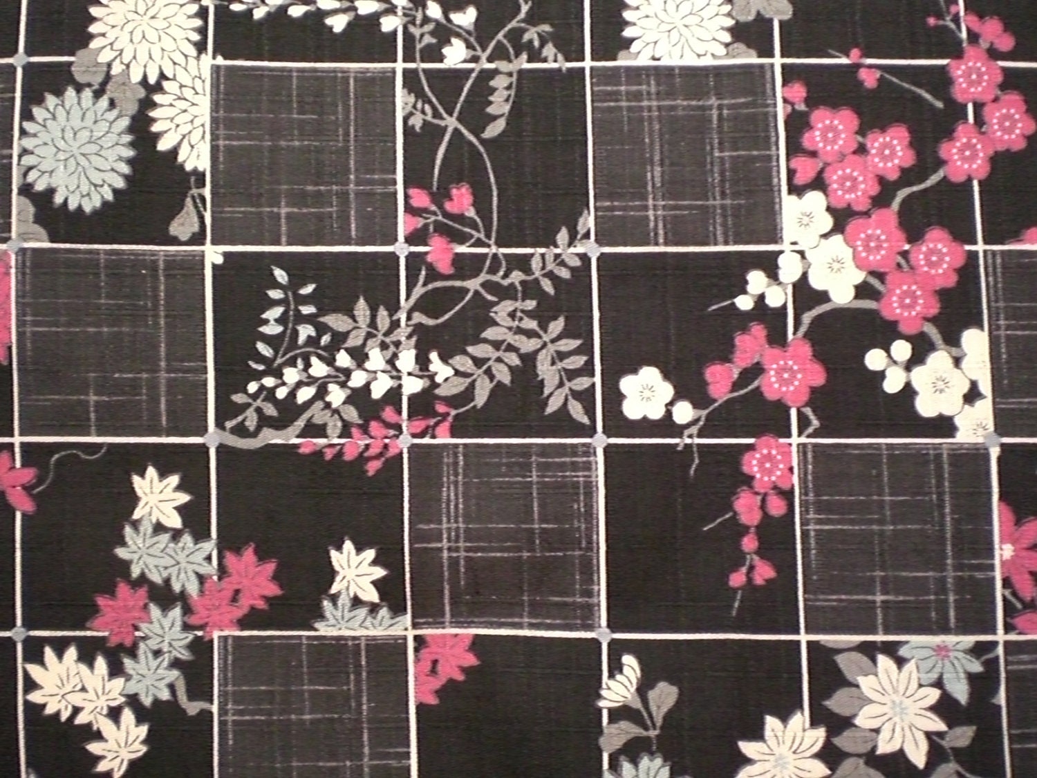 Black Cotton Fabric, Japanese Flower Kimono Pattern (1/2 Yard) - Etsy