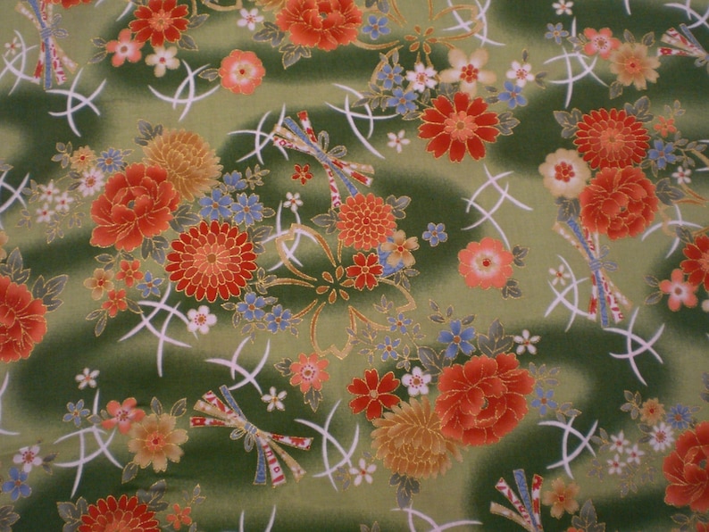 1/2 Yard, Japanese Flower Pattern Green Cotton Fabric, Kimono Pattern ...