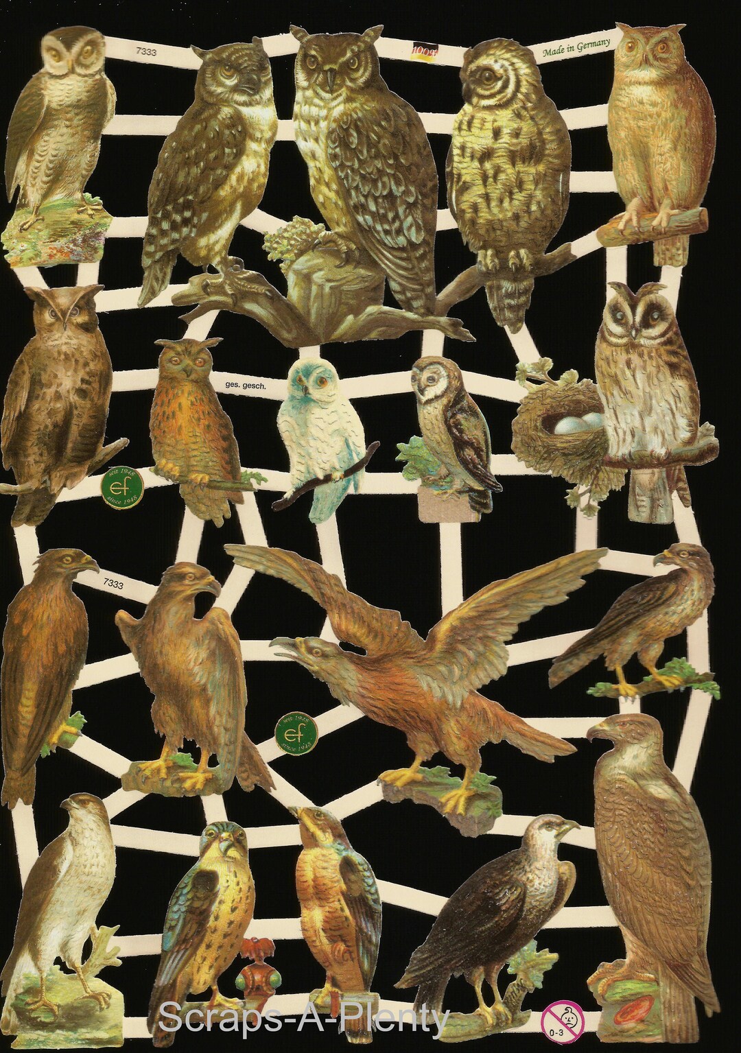 German Embossed Vintage Style Scrap Die Cut Relief - Birds of Prey Owl ...