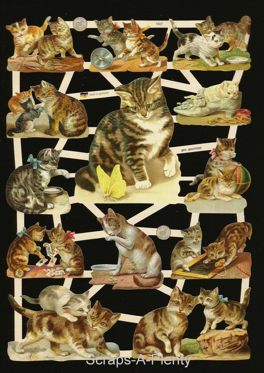 German Embossed Vintage Style Scrap Die Cut - Playful Kittens / Cats ...