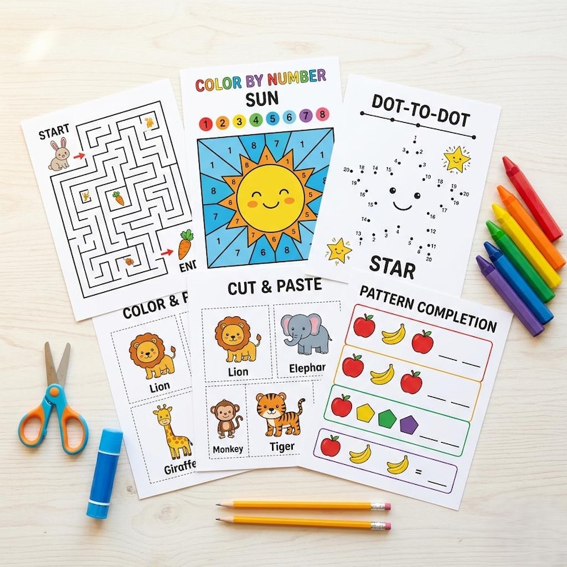 Kids Busy Binder Printable PDF | Cut Paste Maze Color by Number Dot to ...