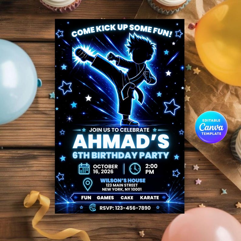 Editable Neon Karate Birthday Invitation, Ninja Martial Arts Party ...
