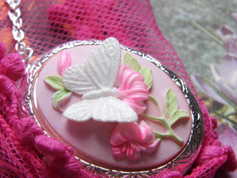 Kawaii Locket Pink & White Butterfly Cameo Ladies Silver | Etsy