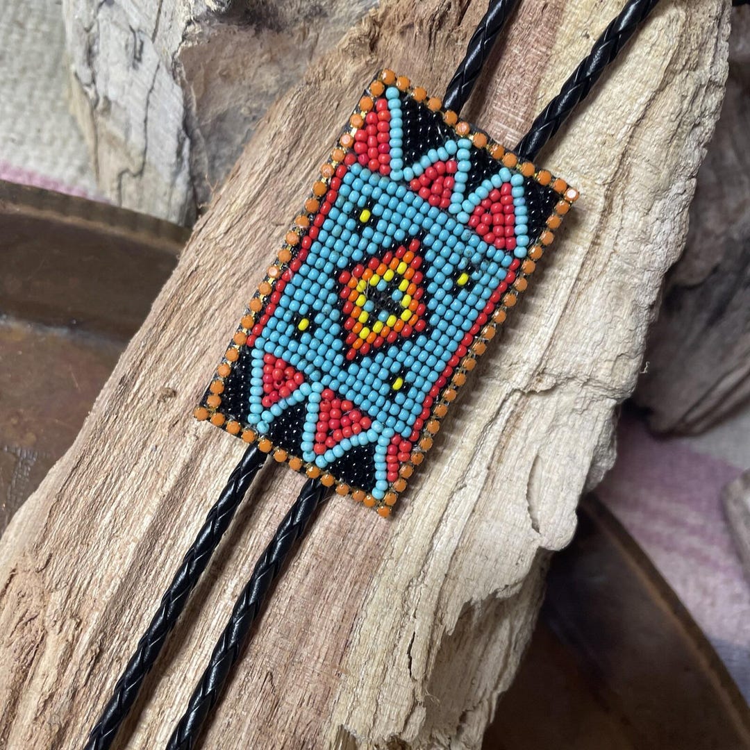 ART Hand Beaded Bolo Tie Beadwork Turquoise Red Arrow LARIAT Aztec ...