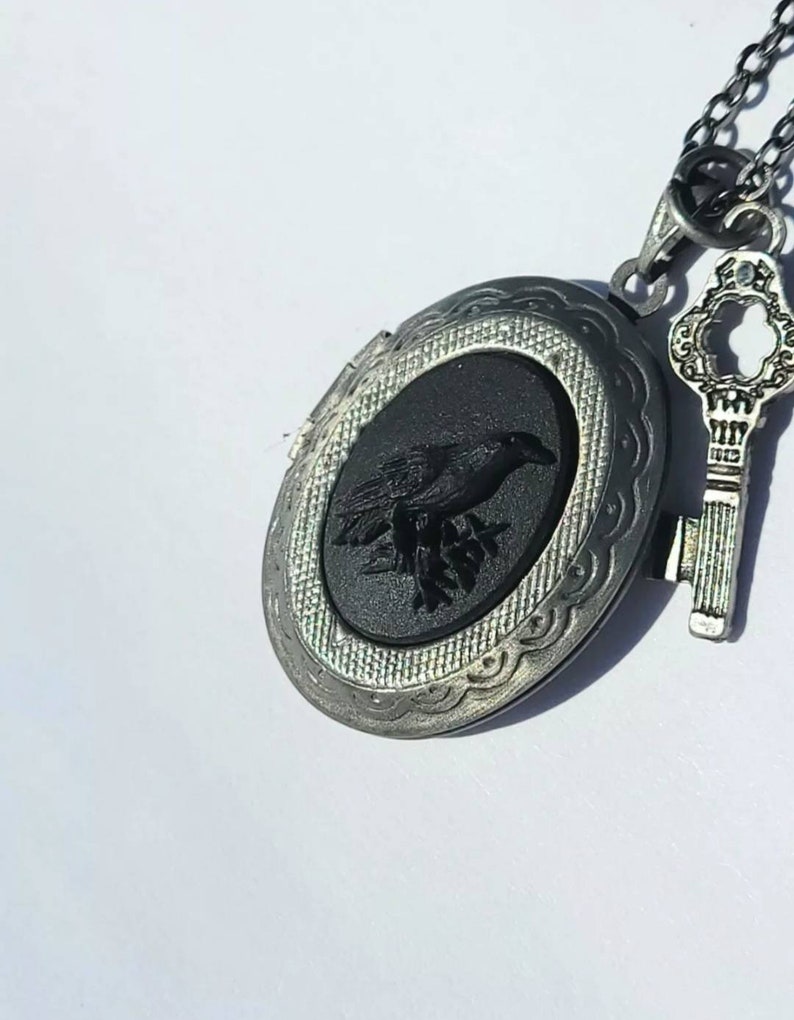 Raven Crow Bird Goth Locket Necklace Memory Gunmetal PHOTO Picture ...