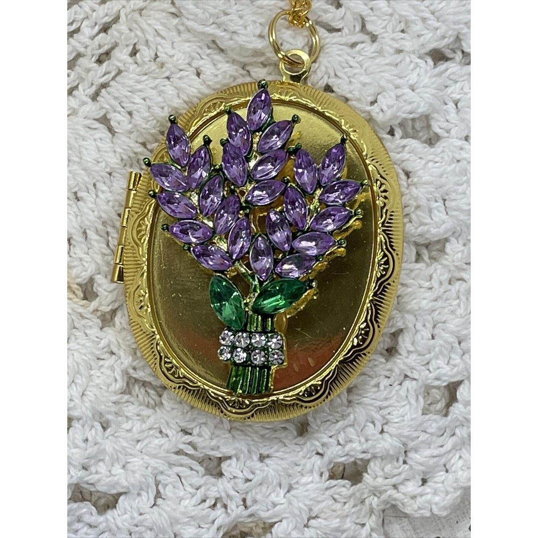 Lavender Rhinestone Gold Photo Locket Keepsake Anniversary Valentine's ...