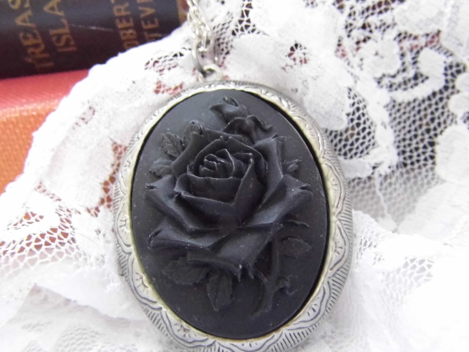 Black on Black Gothic Mourning Rose Cameo Funeral Locket Necklace Pill ...
