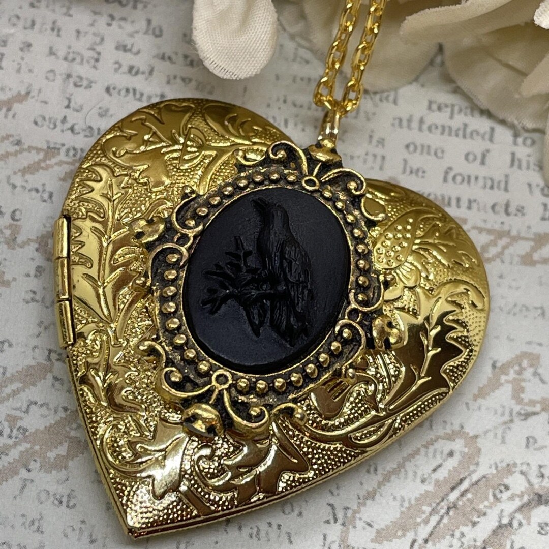 Gold Heart Locket Photo Birthday Amulet Black Raven Crow Bird Wedding ...