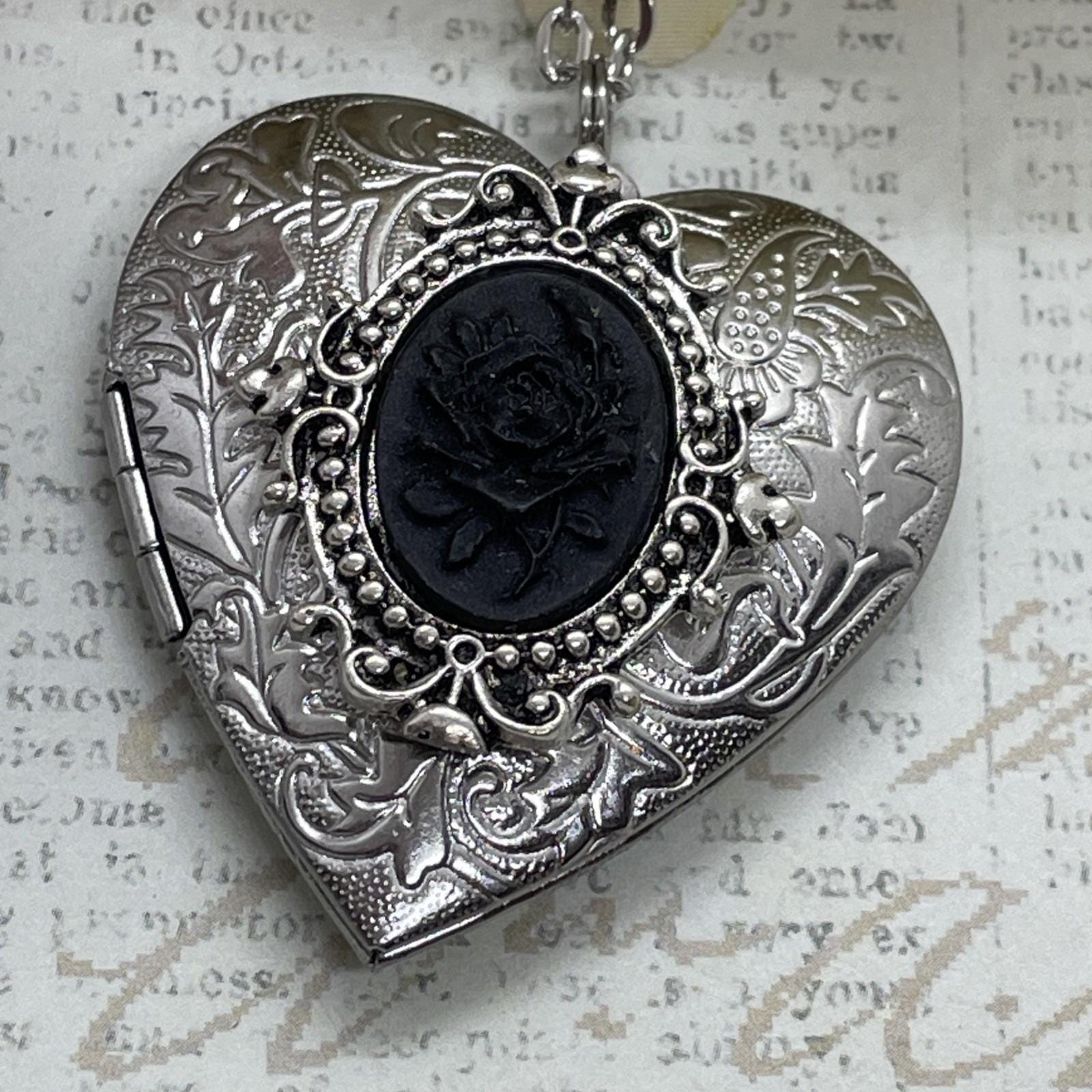 Heart Silver Locket Black Rose Gothic Love Necklace Photo Bride Bridal ...