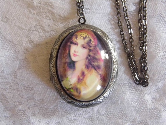 Victorian Gypsy Locket Antique Silver Necklace Porcelain Cameo | Etsy