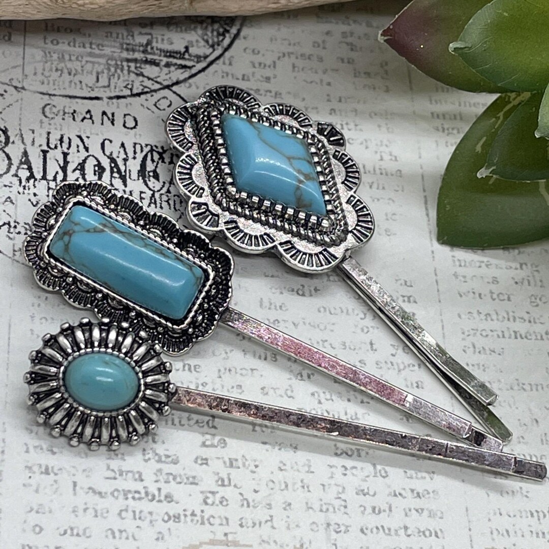 SET 3 Silver Southwest Western Hair Pins Clips Turquoise Fancy Cowgirl ...