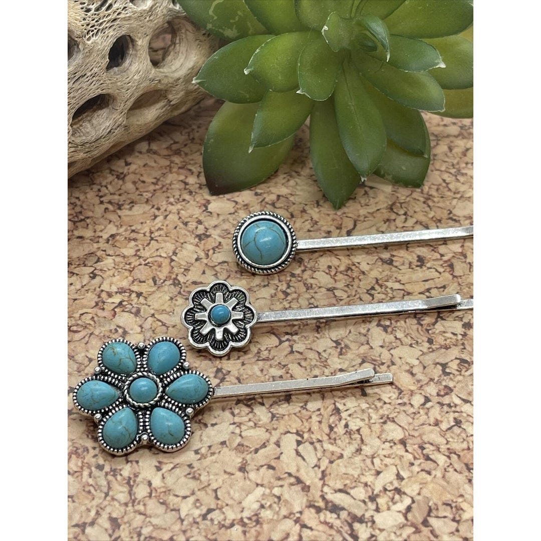 SET 3 Silver Southwest Western Hair Pins Clips Turquoise BLUE Cowgirl ...