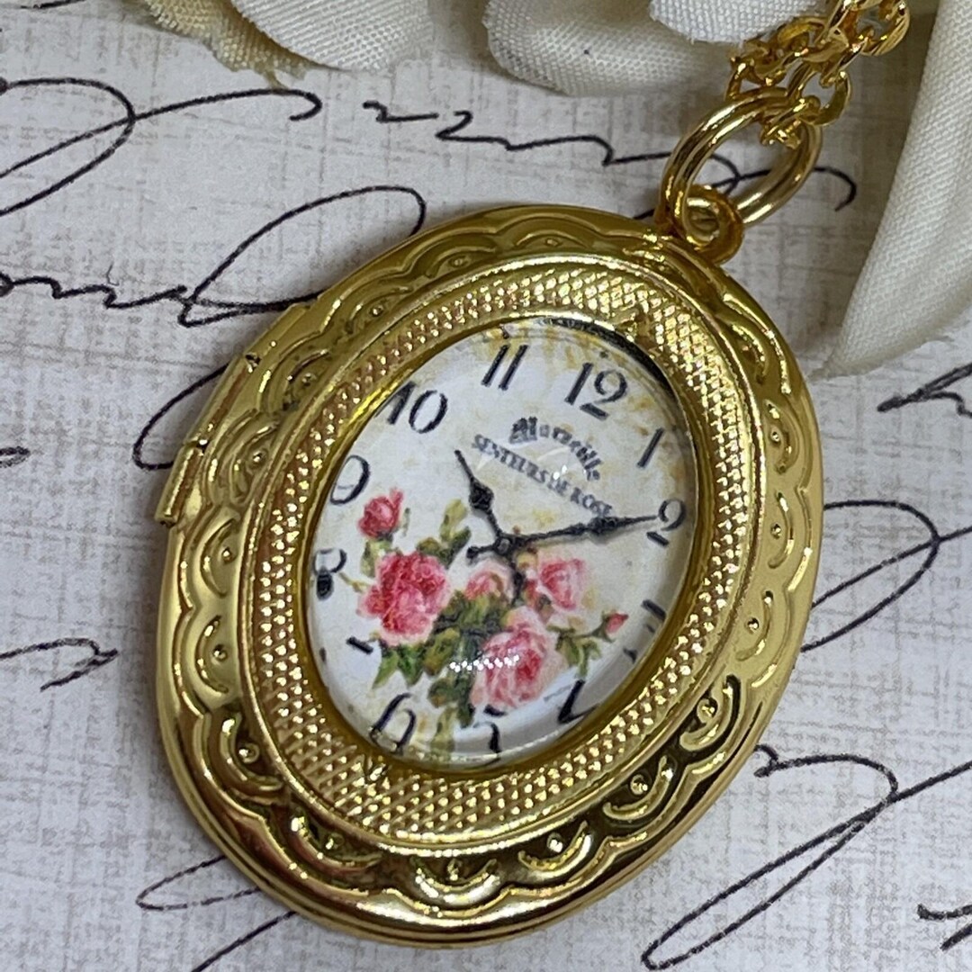 Bright Gold Clock Roses Victorian Brass Locket Necklace Pendant Wedding ...