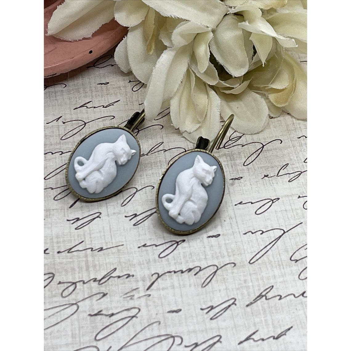 Bronze Cat Kitten Boutique French Wire Cameo Earrings Wedding Party Mom ...