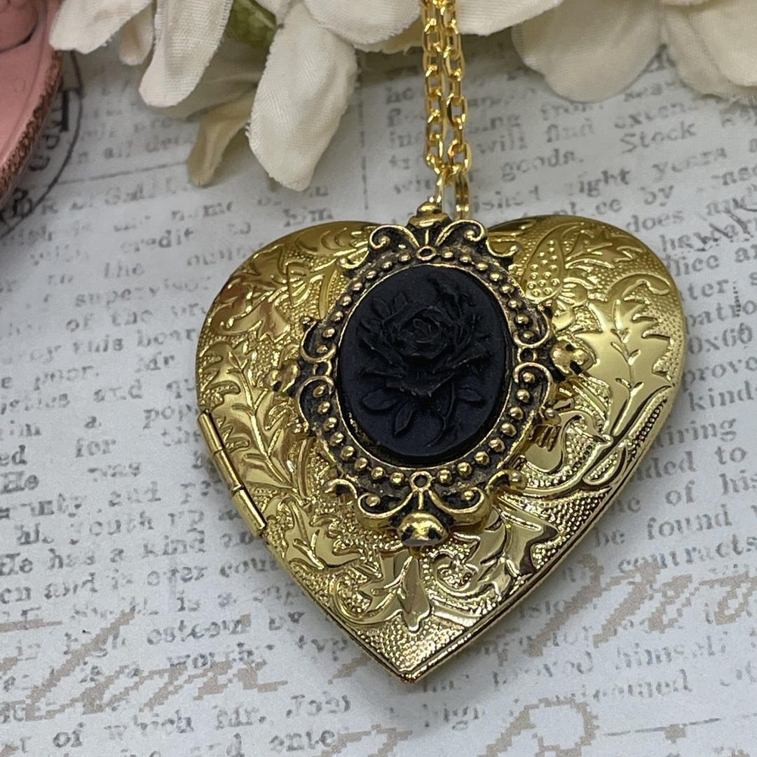 Gold Heart Locket Gothic Anniversary Wedding Witch Black Rose Cameo ...
