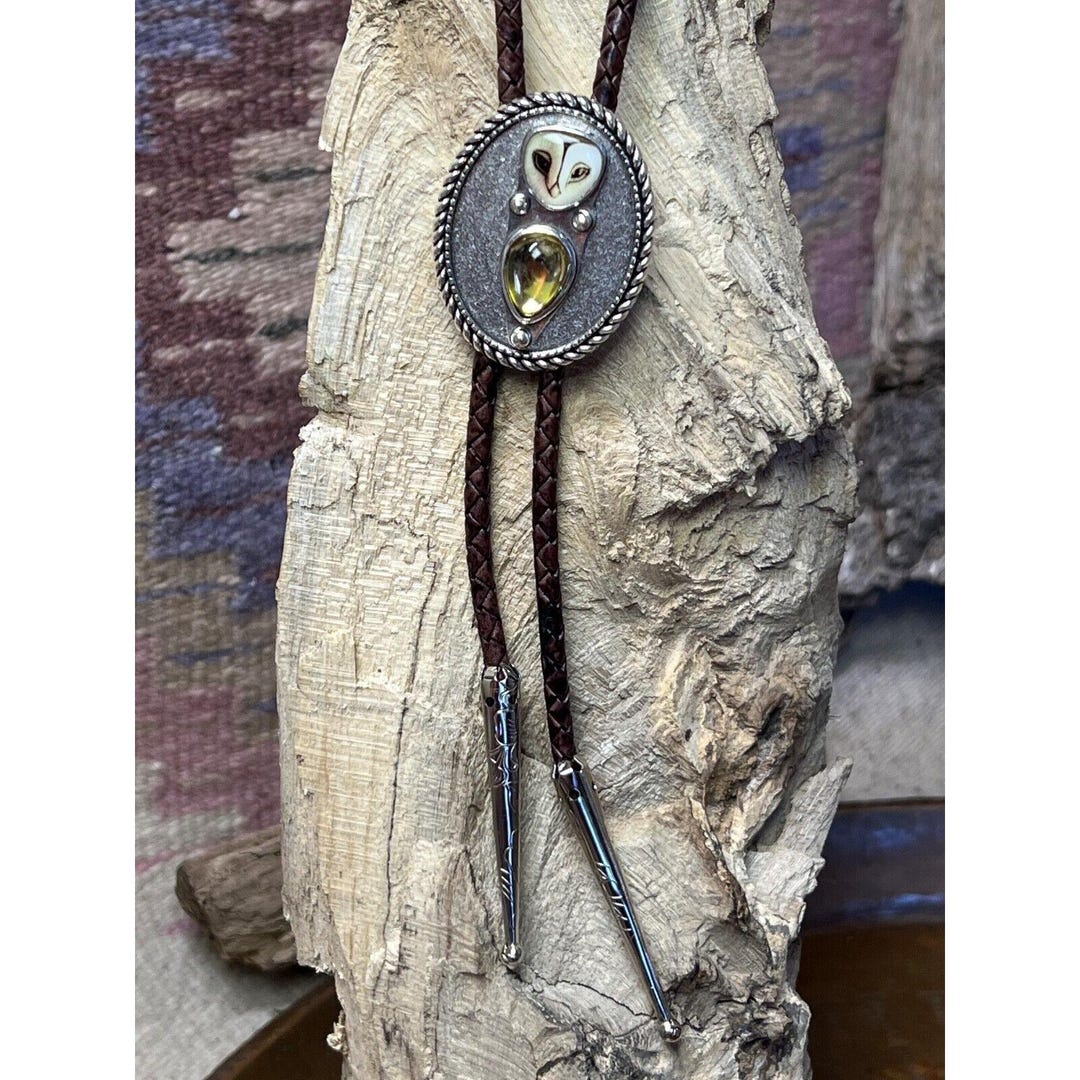 3D Amber Nature OWL Cameo Silver Lariat Black Bolo Tie Wedding Father's ...