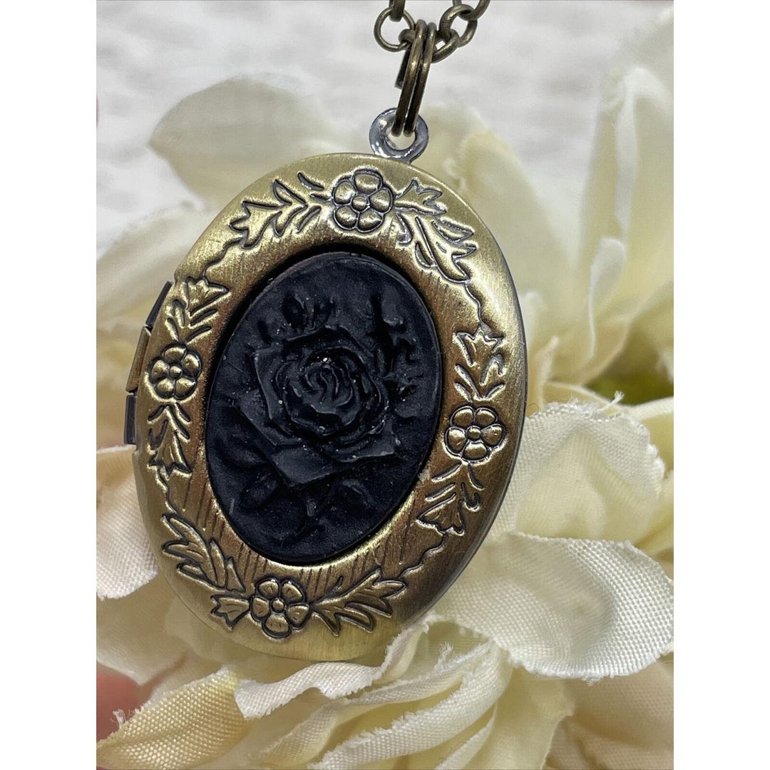 Gothic Bronze Gold Locket Black Rose Victorian Necklace Cameo Dainty ...