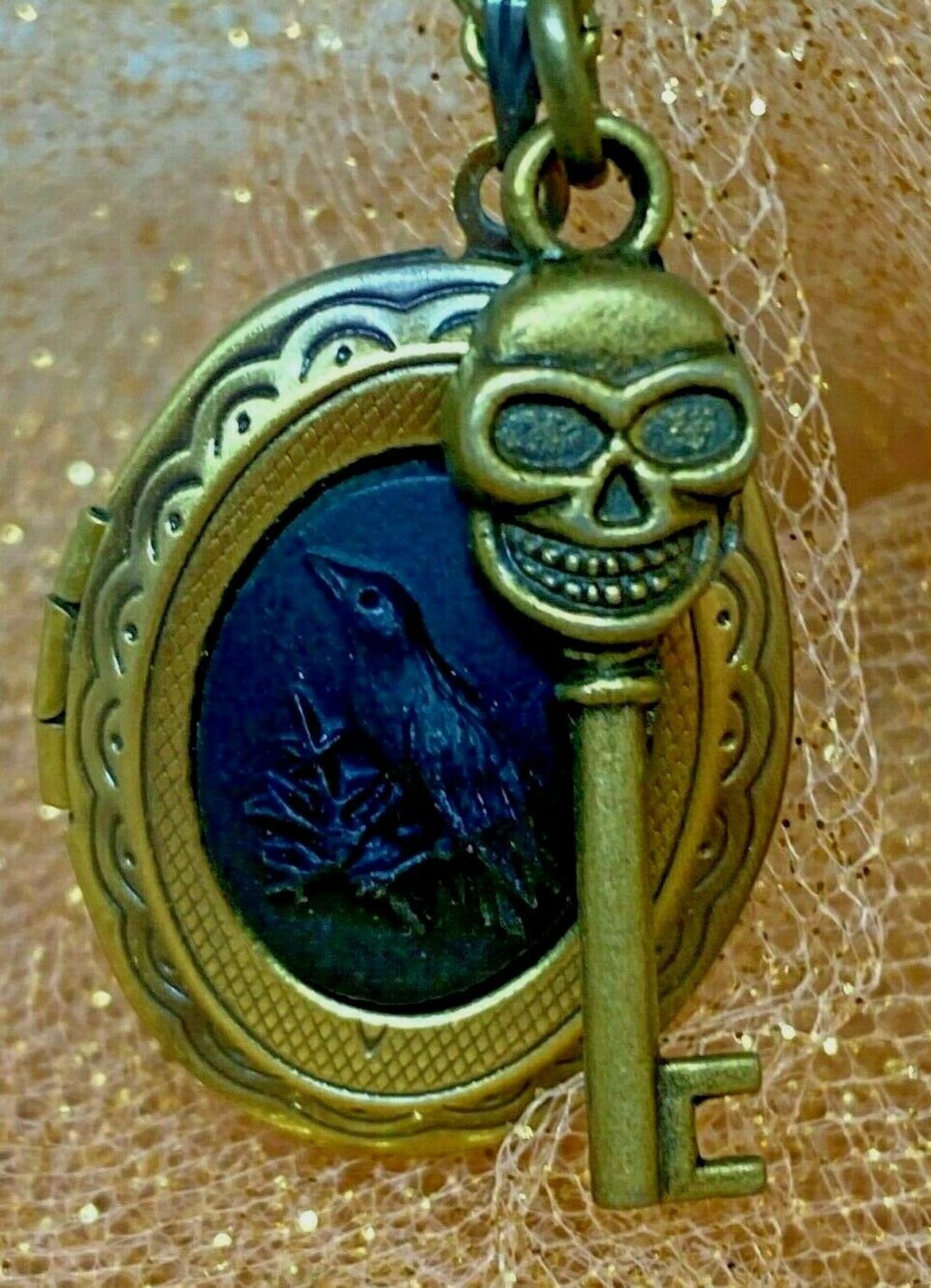 Bronze Black Raven Crow Cameo Locket Photo Key Skeleton Christmas Gift ...