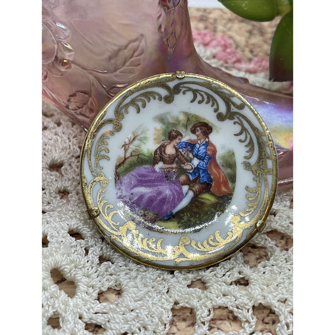 Authentic VINTAGE Signed LIMOGES France Courting Couple Plate BROOCH ...