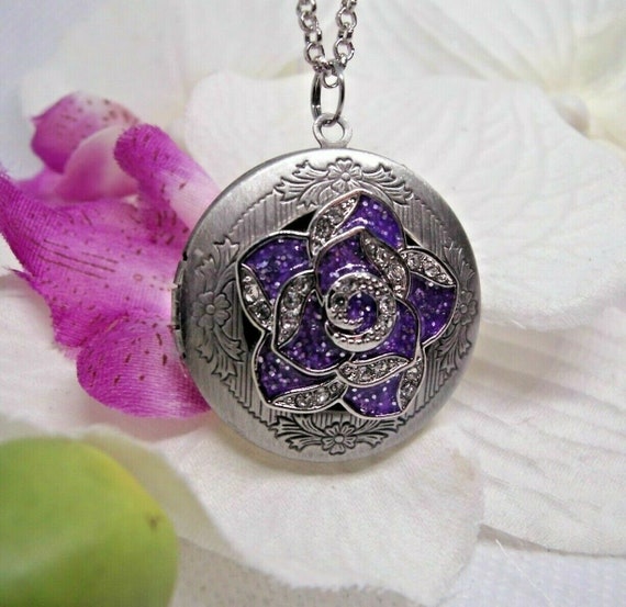 Lavender Rose Purple Antique Silver Locket Photo Necklace | Etsy