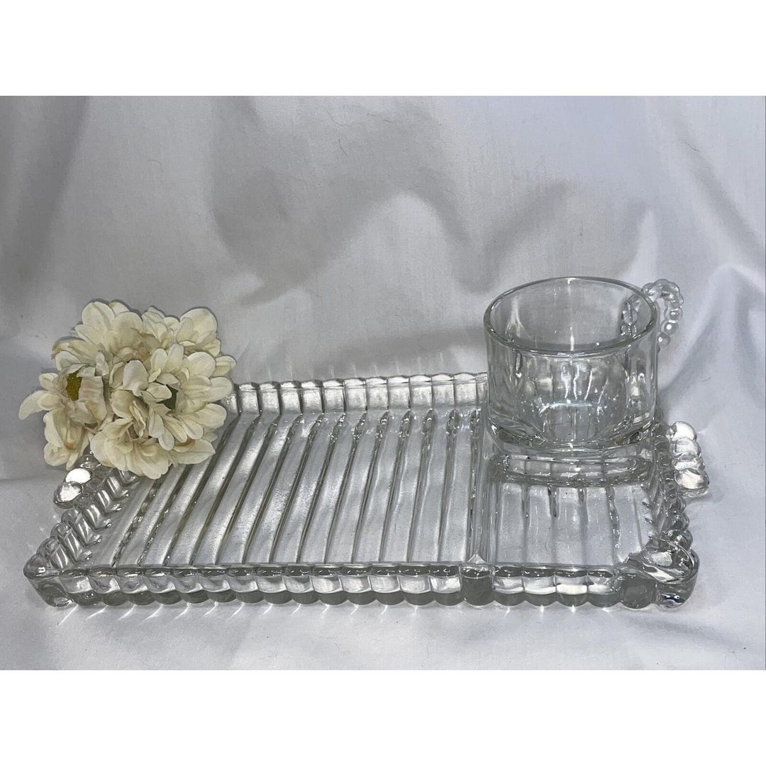 Hazel Atlas Ball Rib Glass Sip N Smoke Luncheon Snack Cup AND Tray Set ...