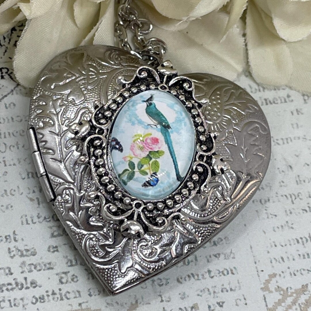 Heart Silver Locket Necklace Photo Wedding Glass Bird Blue Jay Birthday ...