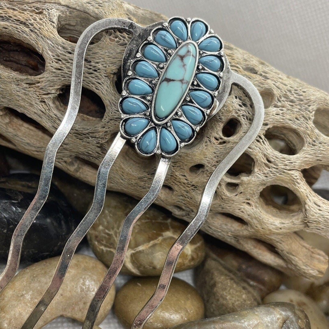 WESTERN Blue TURQUOISE Hair Pin Clip Silver Southwest Comb Barrette ...