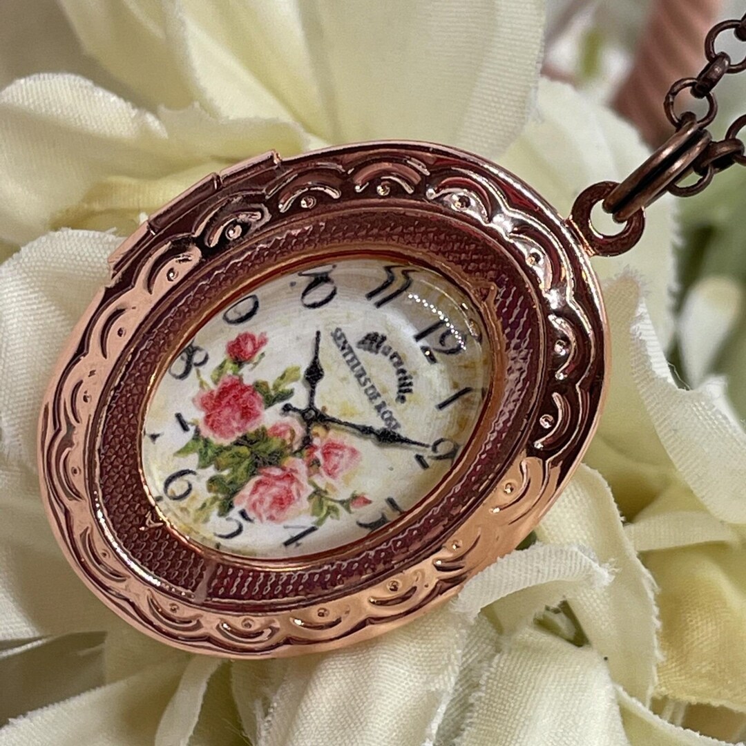 Rose Gold Clock Roses Victorian Brass Locket Necklace Pendant Wedding ...
