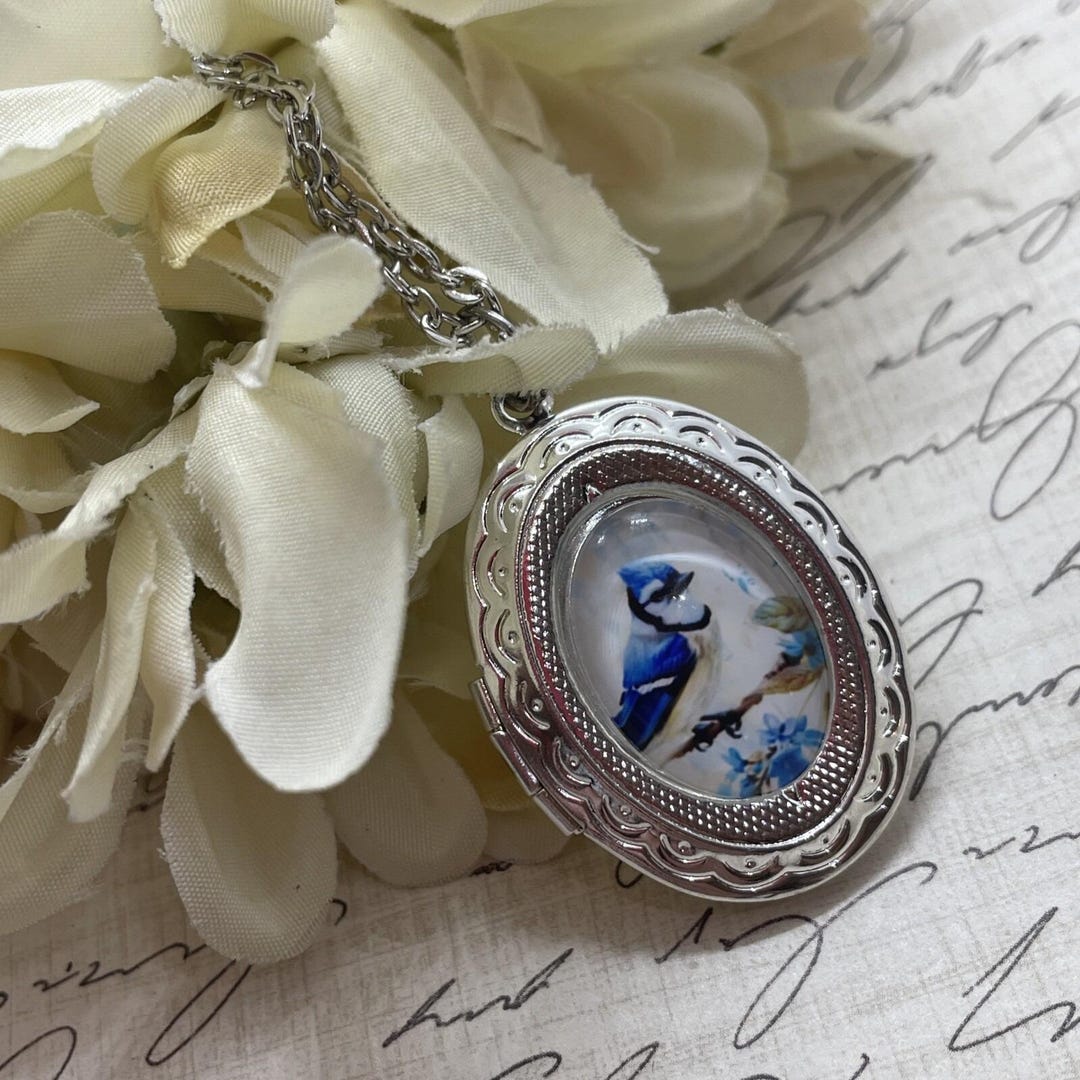 Silver New Blue Jay Bird Victorian Brass Locket Necklace Pendant ...