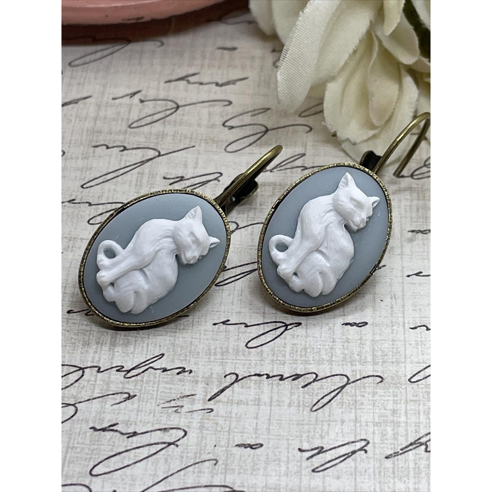 Bronze Cat Kitten Boutique French Wire Cameo Earrings Wedding Party Mom ...