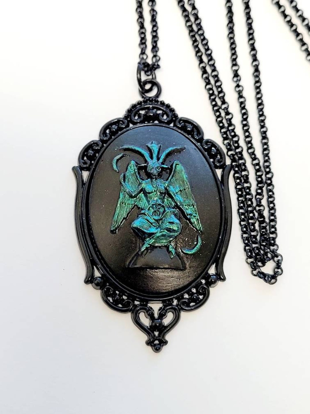 Green Iridescent Baphomet Gothic Rockabilly Cameo Black Necklace ...